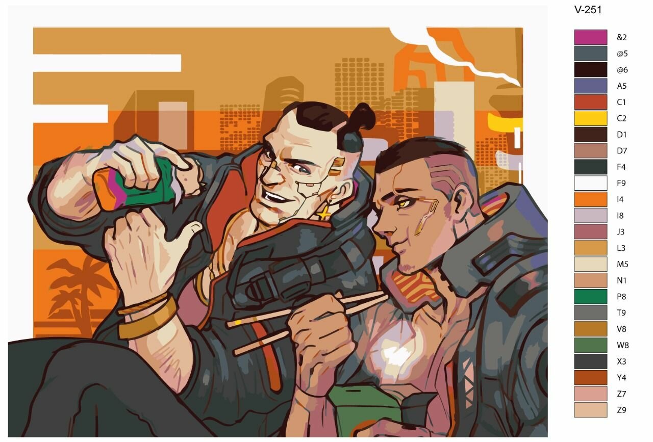 Картина по номерам V-251 "Киберпанк Cyberpunk 2077. Джек Уэллс Джакито (Jack Welles) и Винсент (V) (Vincent)", 80x100 см