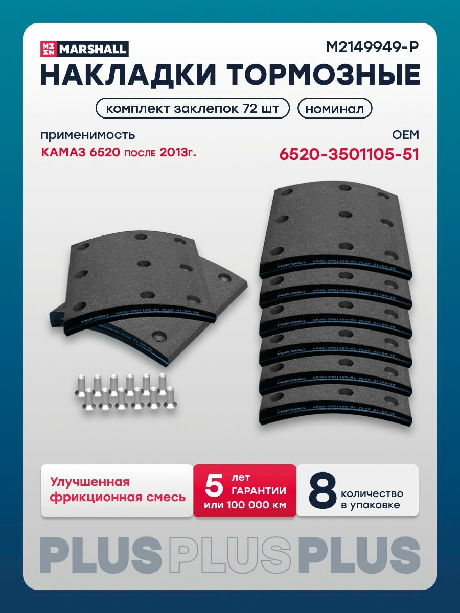 Комплект тормозных накладок КАМАЗ (9 отверстий) о. н. 6520-3501105-51 (M2149949, PLUS)