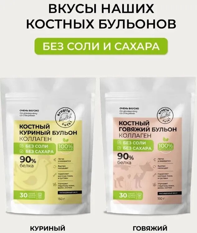 Набор 90% Без Соли: Костный говяжий бульон 90%- 1шт. + Костный куриный бульон 90%- 1шт, Вес 300г, 60 порций (1 порция-15,65 кКал), вкус И польза/ Круглые Сутки