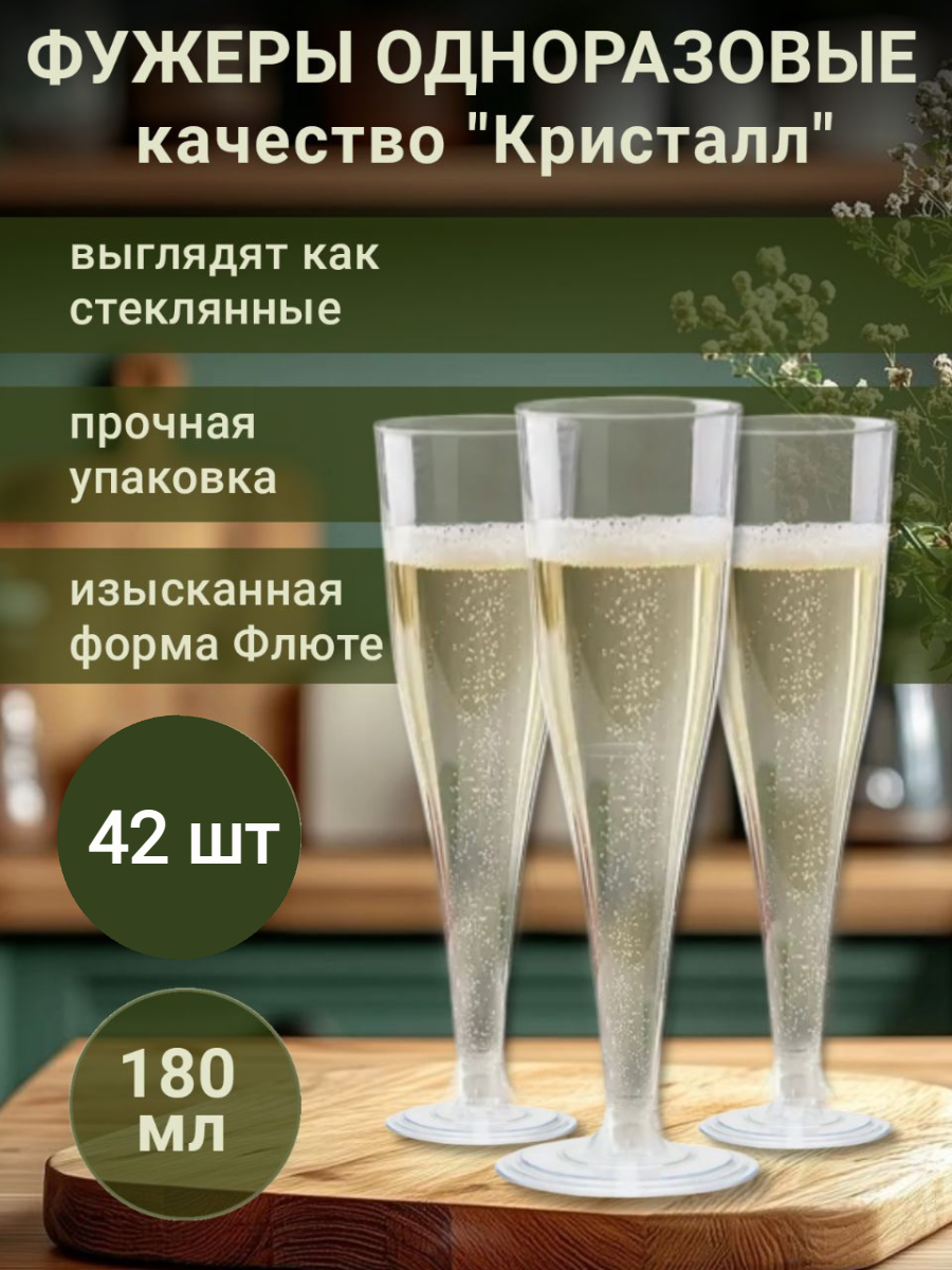 Бокалы одноразовые для вина шампанского пластиковые фужеры посуда для праздника набор 42 шт 180мл для пикника на свадьбу