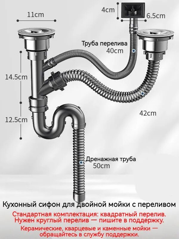 Сифон для двойной раковины 110mmПерелив квадратный