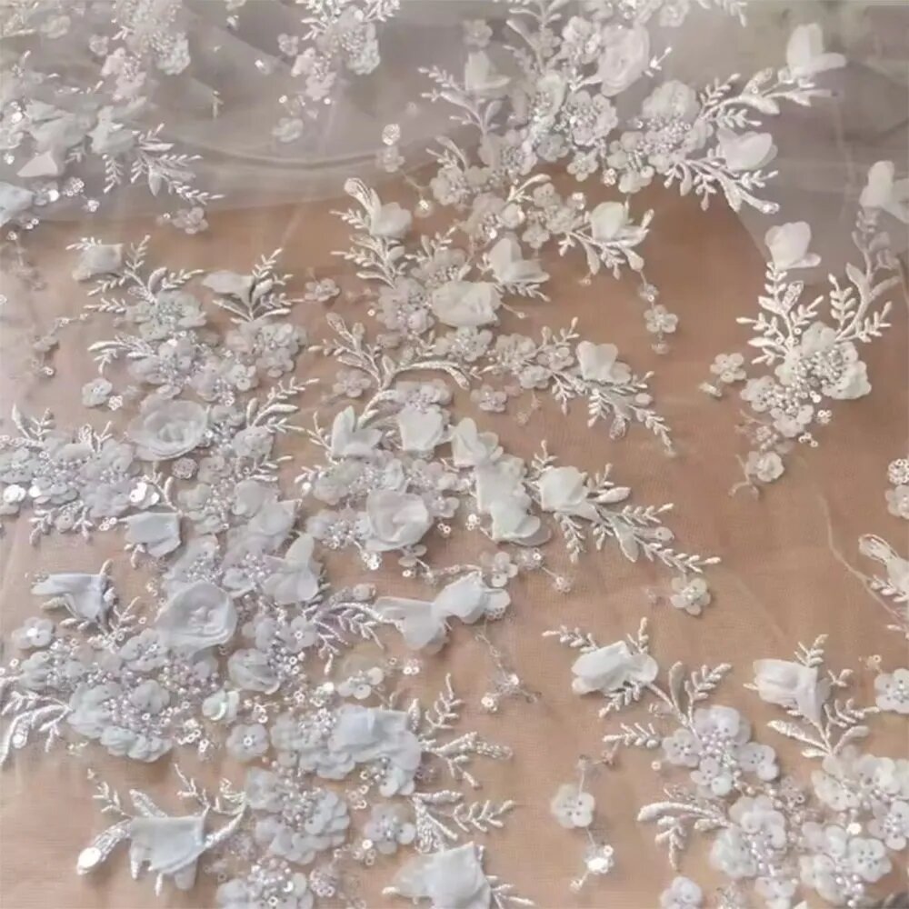 Белая 3D-шифоновая кружевная ткань с цветочной вышивкой из бисера и блесток