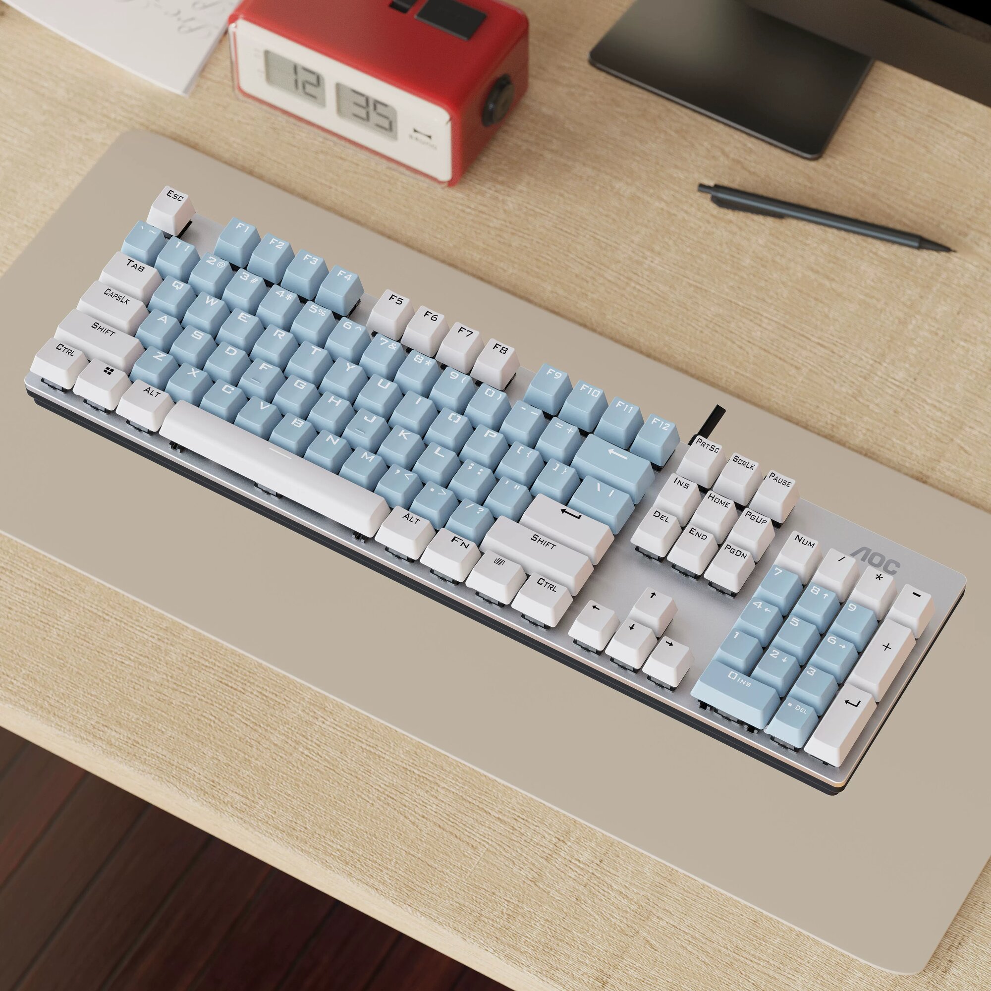 AOC Blue Axis Механическая Клавиатура 104 Клавиши Металлический Корпус Белый Светло-Синий Кликабельный Офис Проводная