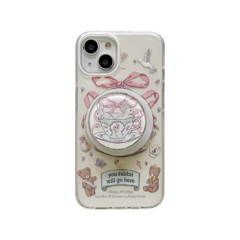 Чехол для iPhone 16 Series с рисунком кролика, белый цвет, магнитная подставка, противоударный