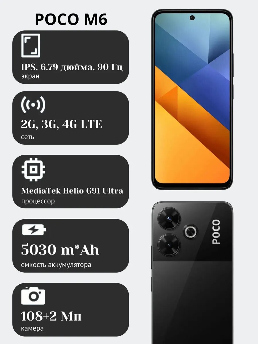Смартфон POCO M6 6 ГБ/128 ГБ Черный Ростест, NFC, камера 108+2 Мп, экран 6.79" — фото 1