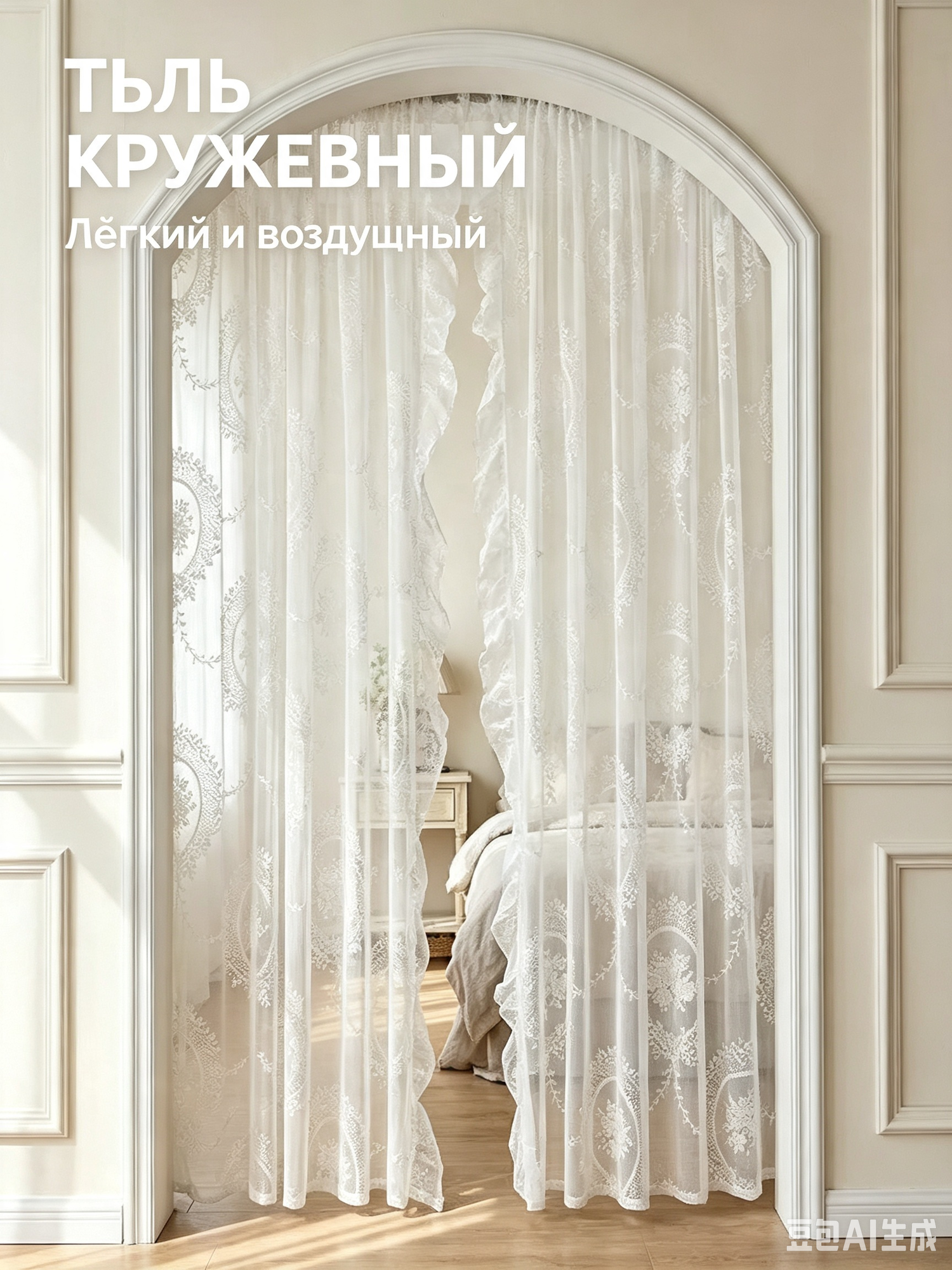 Белая кружевая тюль с оборками для эркера Прованс 140×260 см, 1 шт.