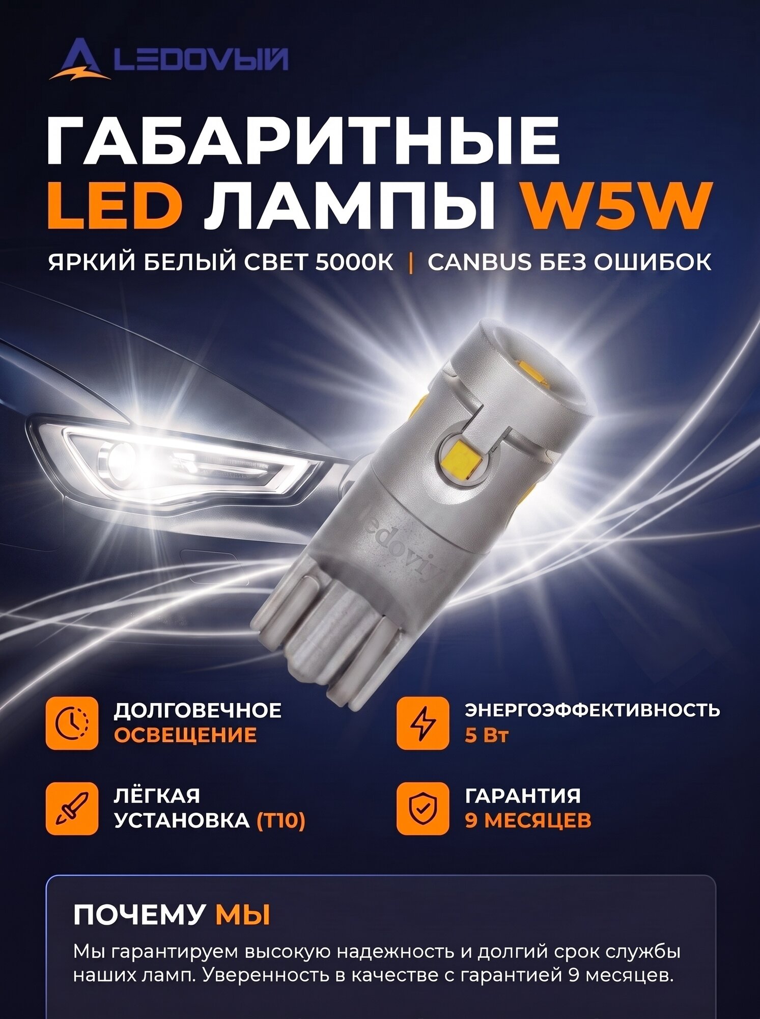 Ledovый/ W5W(T10) - Белый - 5W/