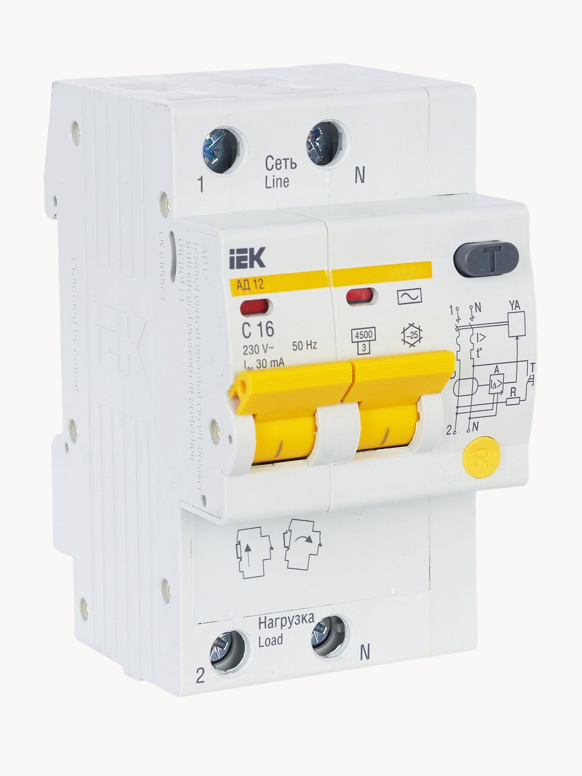 Автоматический выключатель IEK KARAT АД12 2P 16А 30мА тип AC, расцепление C, IP20