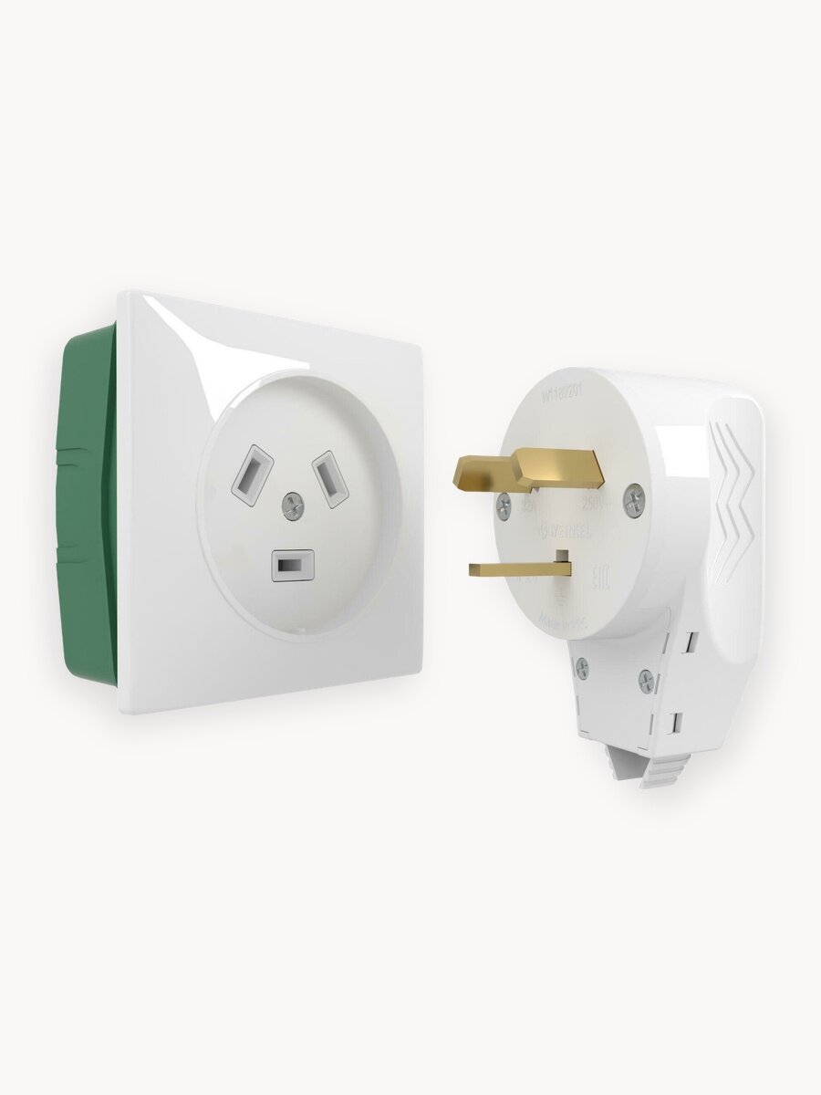Комплект: розетка с вилкой для электроплиты Werkel 32А 250В + коробка в стену, белый IP20