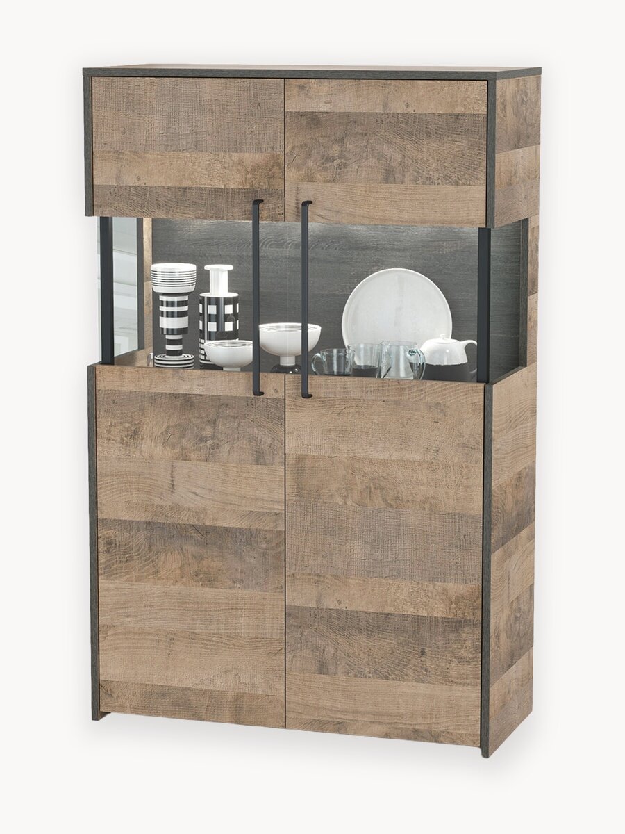 Комод с витриной Трувор 13.306, цвет дуб гранж песочный/интра, ШхГхВ 85,8х37х135,3 см, есть светодиодная подсветка