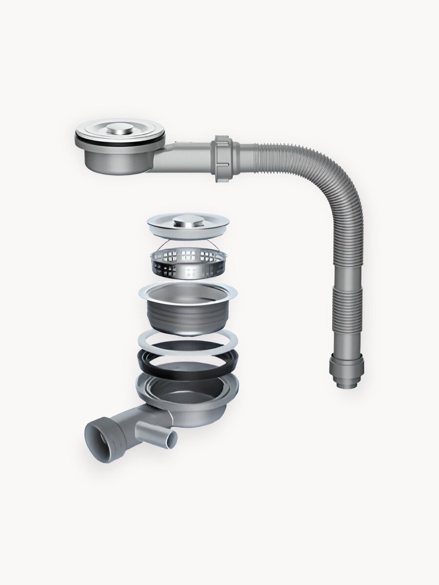 Сифон плоский для кухонной мойки с отводом для стиральной машины