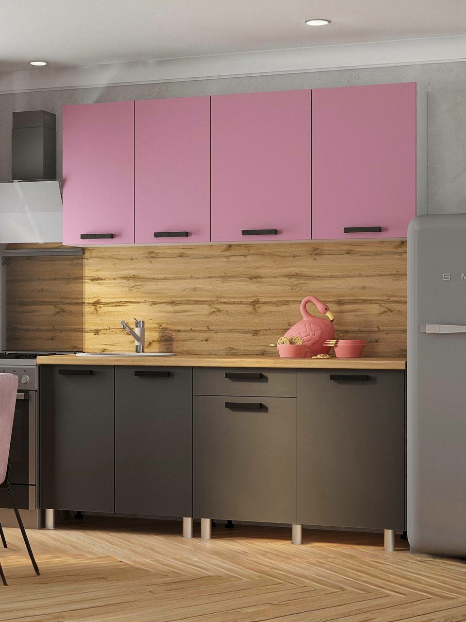 Кухонный гарнитур Осло МДФ 1,8м карбон сакура/карбон вулкан со столешницей