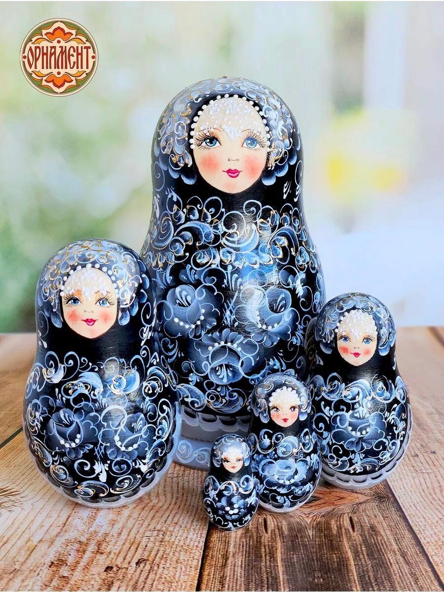Матрешка деревянная детская развивающая игрушка гжель 5 мест 14 см Орнамент