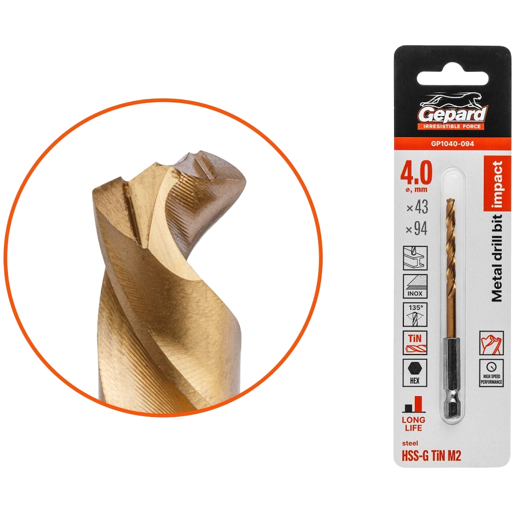 Сверло по металлу спиральное 4х43х94 мм GEPARD HSS-G TIN (GP1040-094)