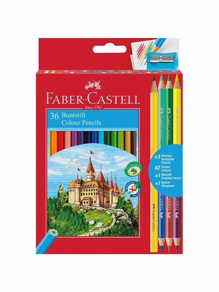 Карандаши цветные Faber-Castell "Замок", 36цв, шестигр, заточ.+6цв.+ч/г кар.+точилка, картон, 110336