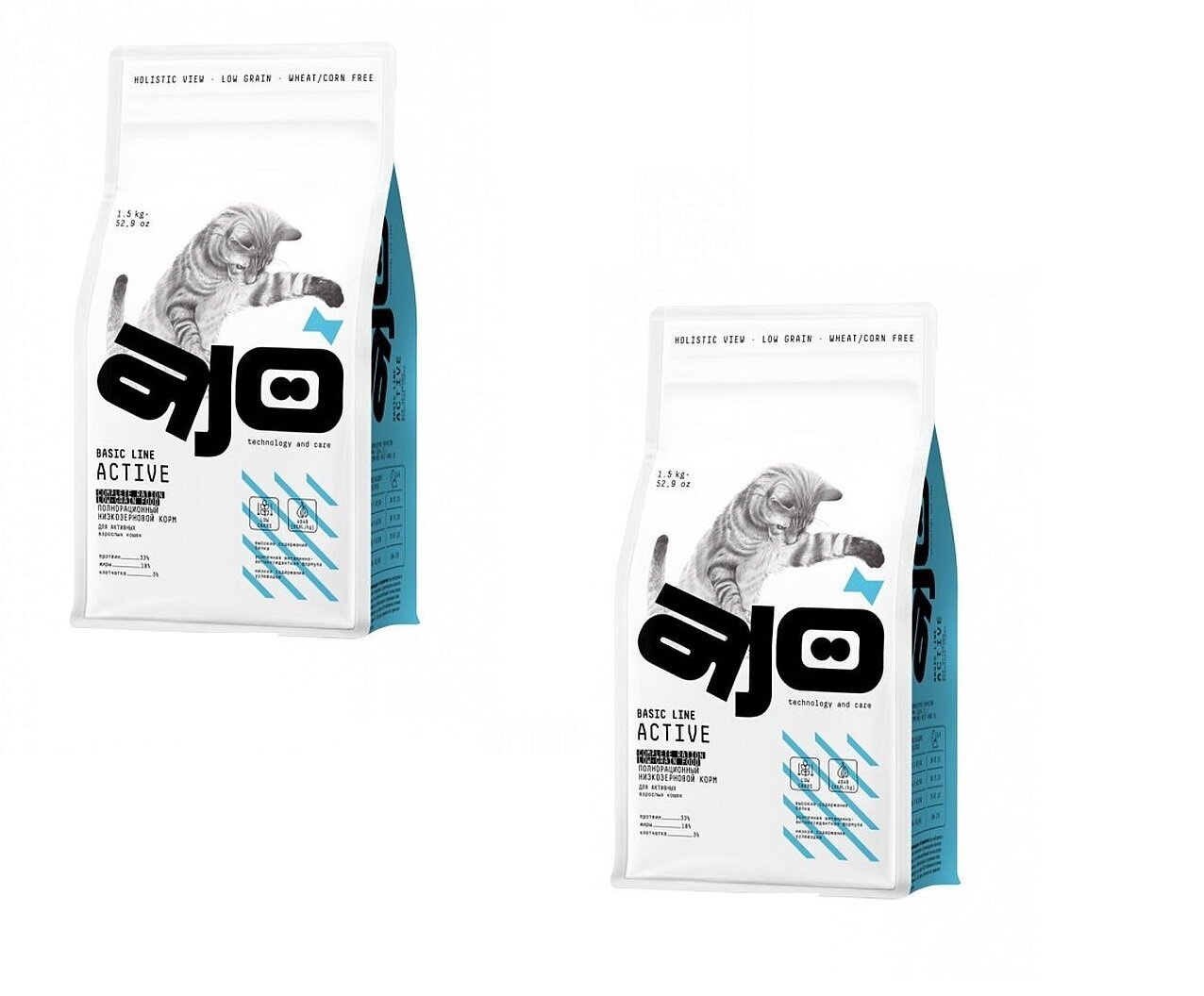 Сухой полнорационный корм AJO Cat Аctive для взрослых кошек с индейкой 1,5кг, 2шт