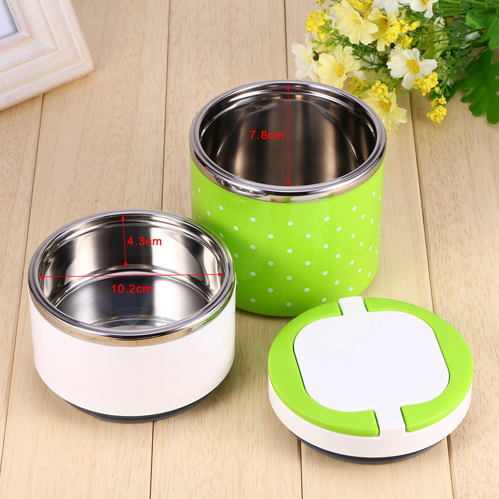 Контейнер для еды-ланчбокс, 2 слоя, нержавеющая сталь, термоизоляция, зеленый, объем 930 мл (610 мл + 320 мл), размер 11 х 17 см, 1 штука