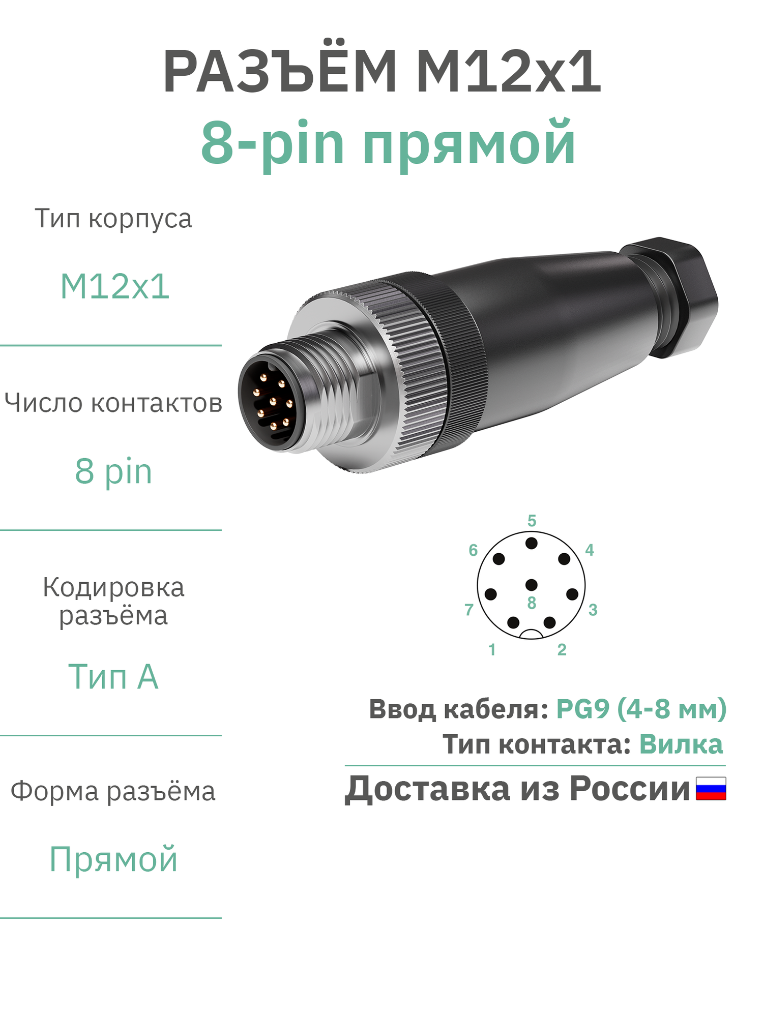 Разъём М12 8 pin прямой / вилка (папа) / PG9 (4-8 мм диаметр под кабель) / модель RAZM-M12-C8-PG9