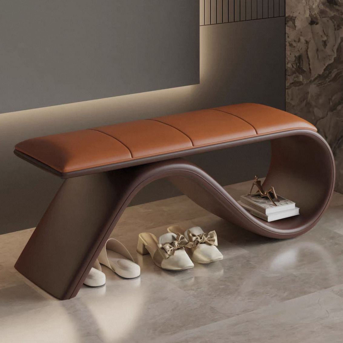 Интерьерная банкетка с фигурным основанием Estenas (160см / оранжевый + коричневый)