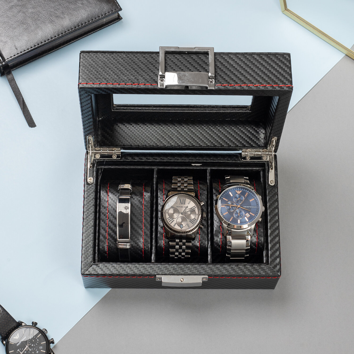 Шкатулка для часов и украшений CloxBox W03T Черная карбоновая материя, красная строчка