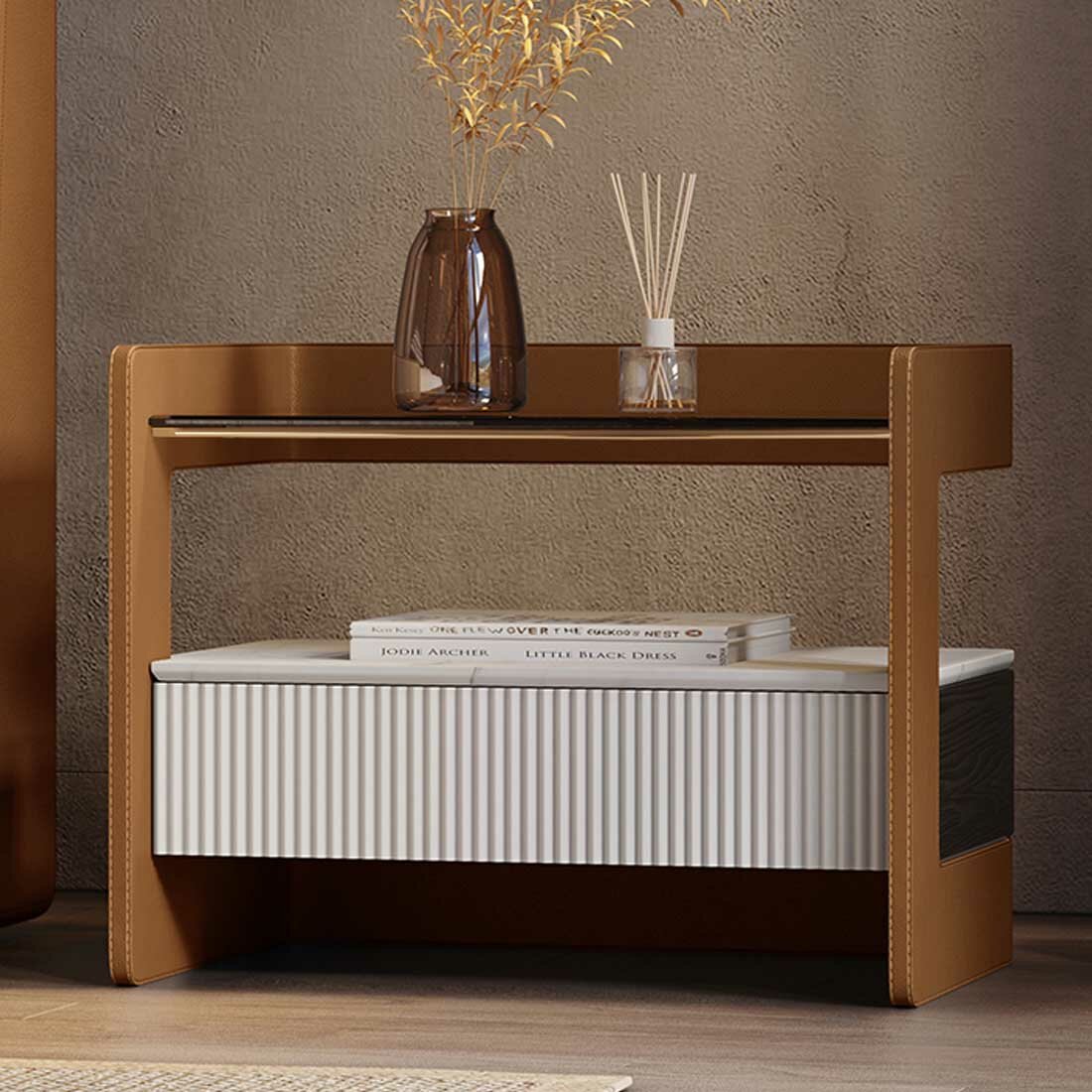 Дизайнерская кожаная прикроватная тумбочка Alonzo, 1 ящик (оранжевый, ширина 55 см)