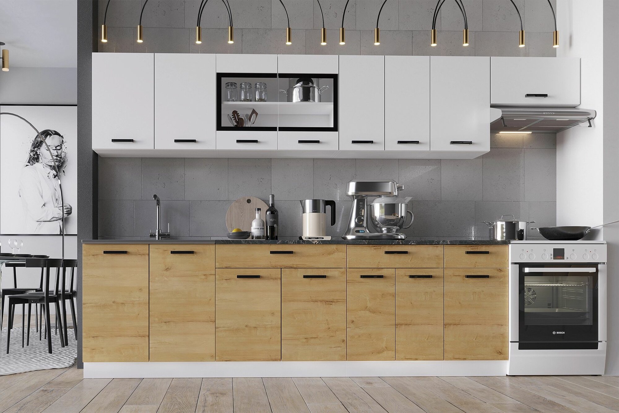 Кухонный гарнитур Баунти, белый гладкий/дуб вотан, столешница чёрный мрамор, ЛДСП, 3.2 м