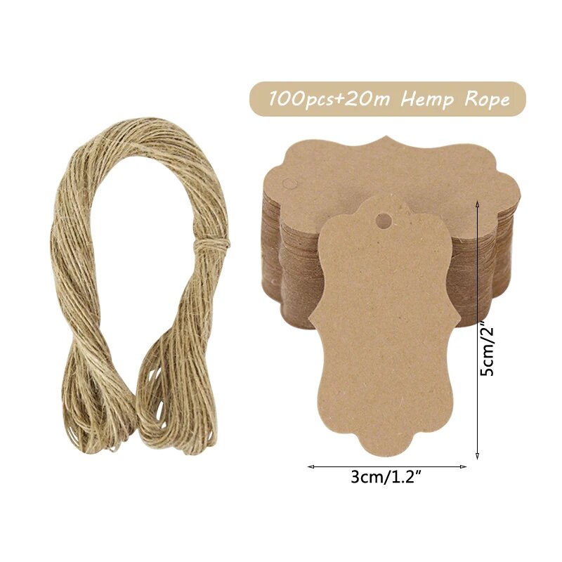 Подарочные бирки крафтовые 100шт + 20м бечевка, бежевый, Blank L01