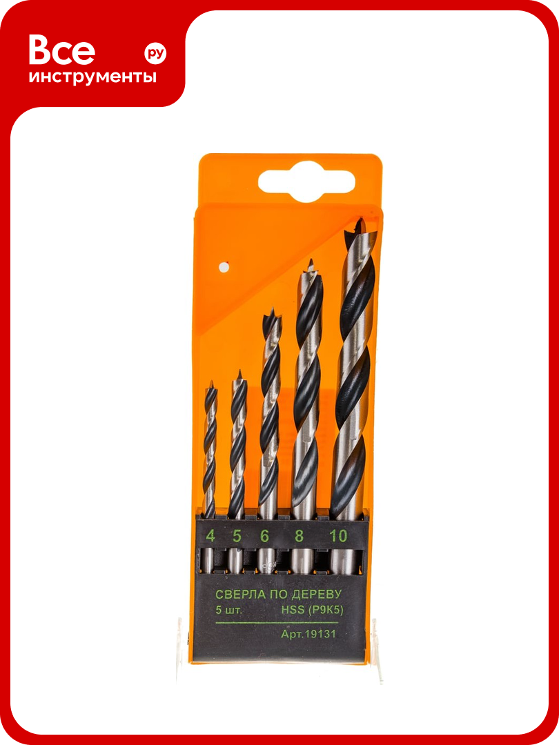 Набор сверл по дереву 5 шт. (D 4; 5; 6; 8; 10 мм) Энкор 19131 спиральной конструкции