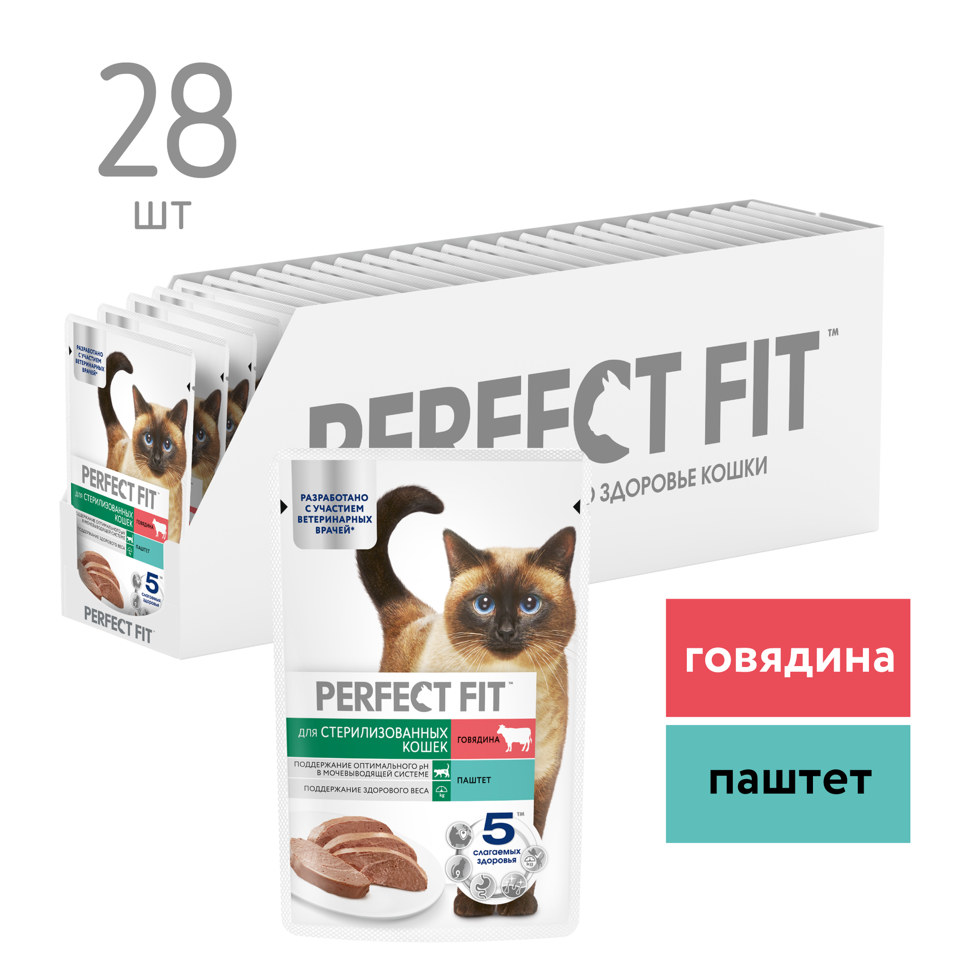 Влажный полнорационный корм PERFECT FIT для стерилизованных кошек, паштет с говядиной, 28 шт по 75 г