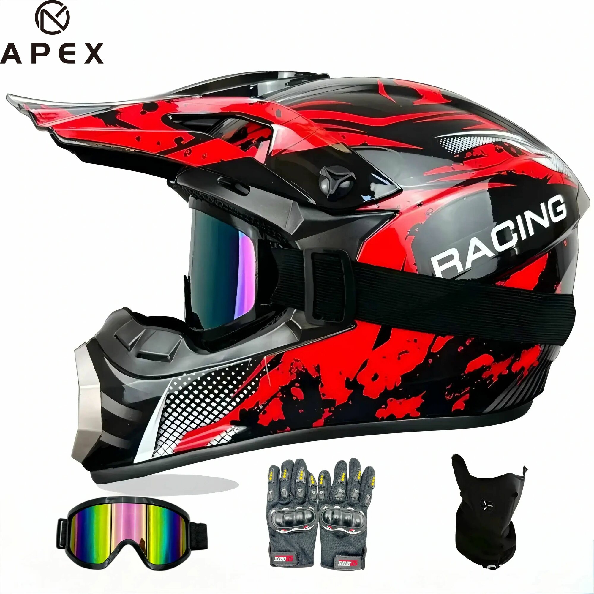 APEX Мотошлем кроссовый с очками для мотоцикла питбайка эндуро