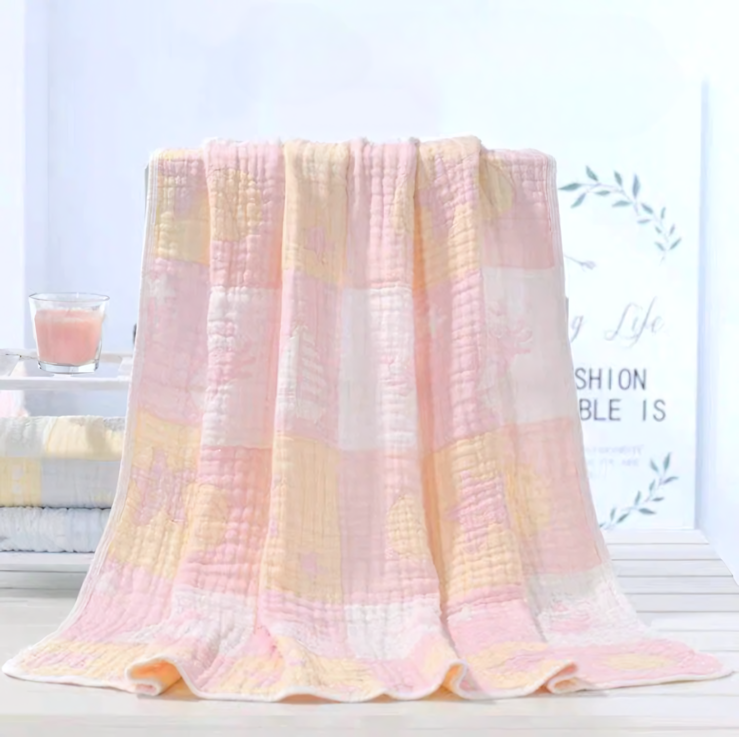 Детское многослойное полотенце Xun Hao, из мягкого хлопка сирсакер, желто-розовое в клетку, 110 х 110 см