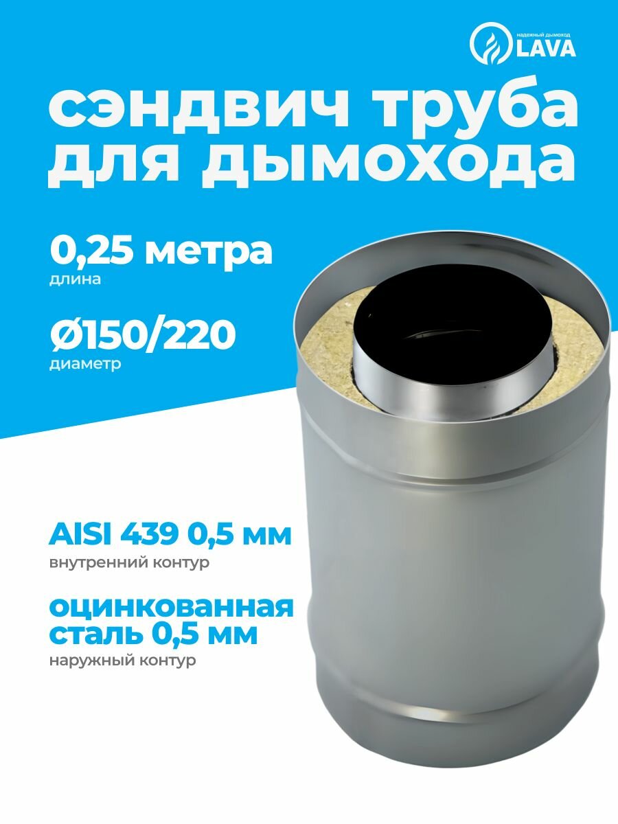 Сэндвич труба термо для дымохода 0,25 м, d150/220, AISI 439 0,5 мм/оцинк. 0,5 мм