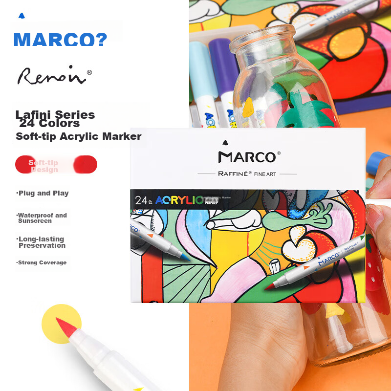 MARCO 24-Color Valve Acrylic Markers, Waterproof Paint, Watercolor, Fluorescent Markers, for Children, Students, Kids, Parent-Child Drawing, Gift Box, Back-To Gift