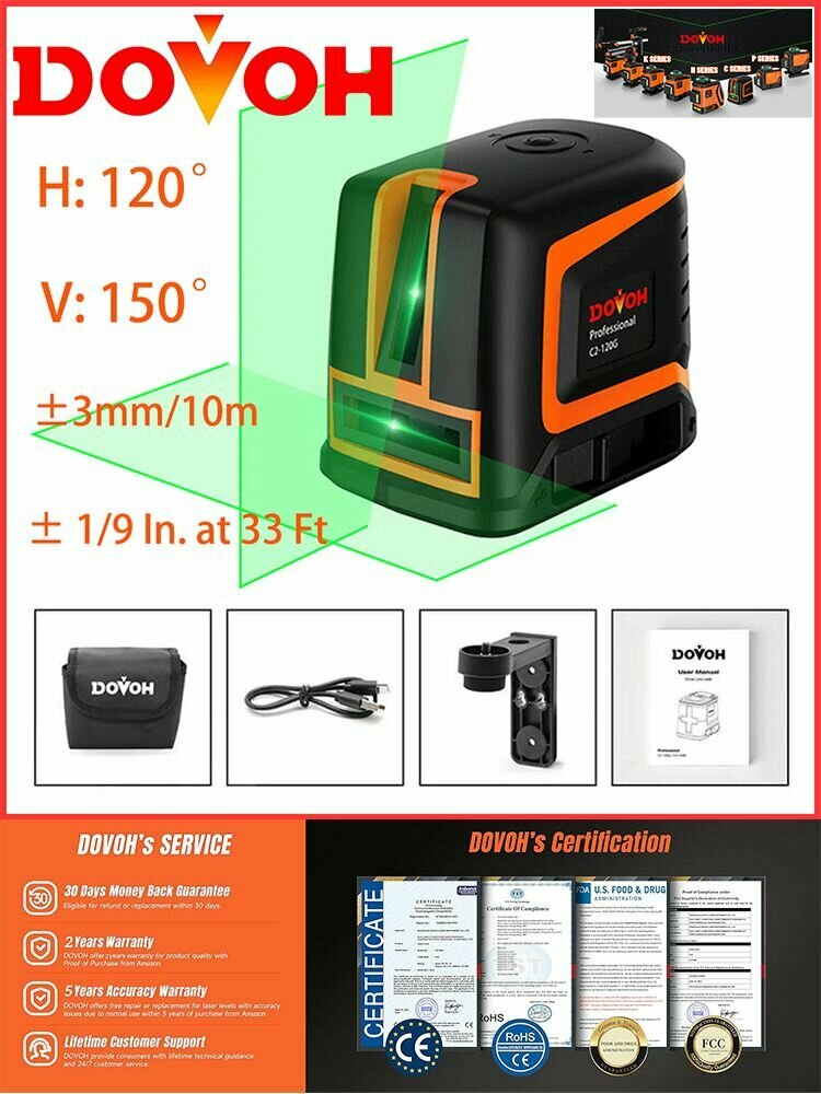 Лазерный нивелир DOVOH 4D, точность ±3 мм, 2 линий, зеленый луч