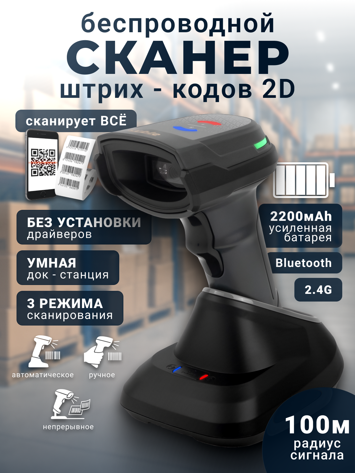 Беспроводной сканер штрих-кодов 2D Syble XB-D66 с док-станцией, Bluetooth/USB, для маркировки, ЕГАИС, Честный знак, 1С
