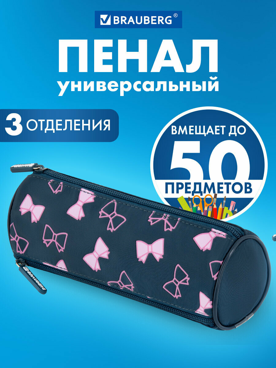 Пенал косметичка школьный для девочек, для карандашей и ручек с 3 отделениями мягкий, канцелярия для школы, нейлон, 21х7х7 см, Brauberg, 273581
