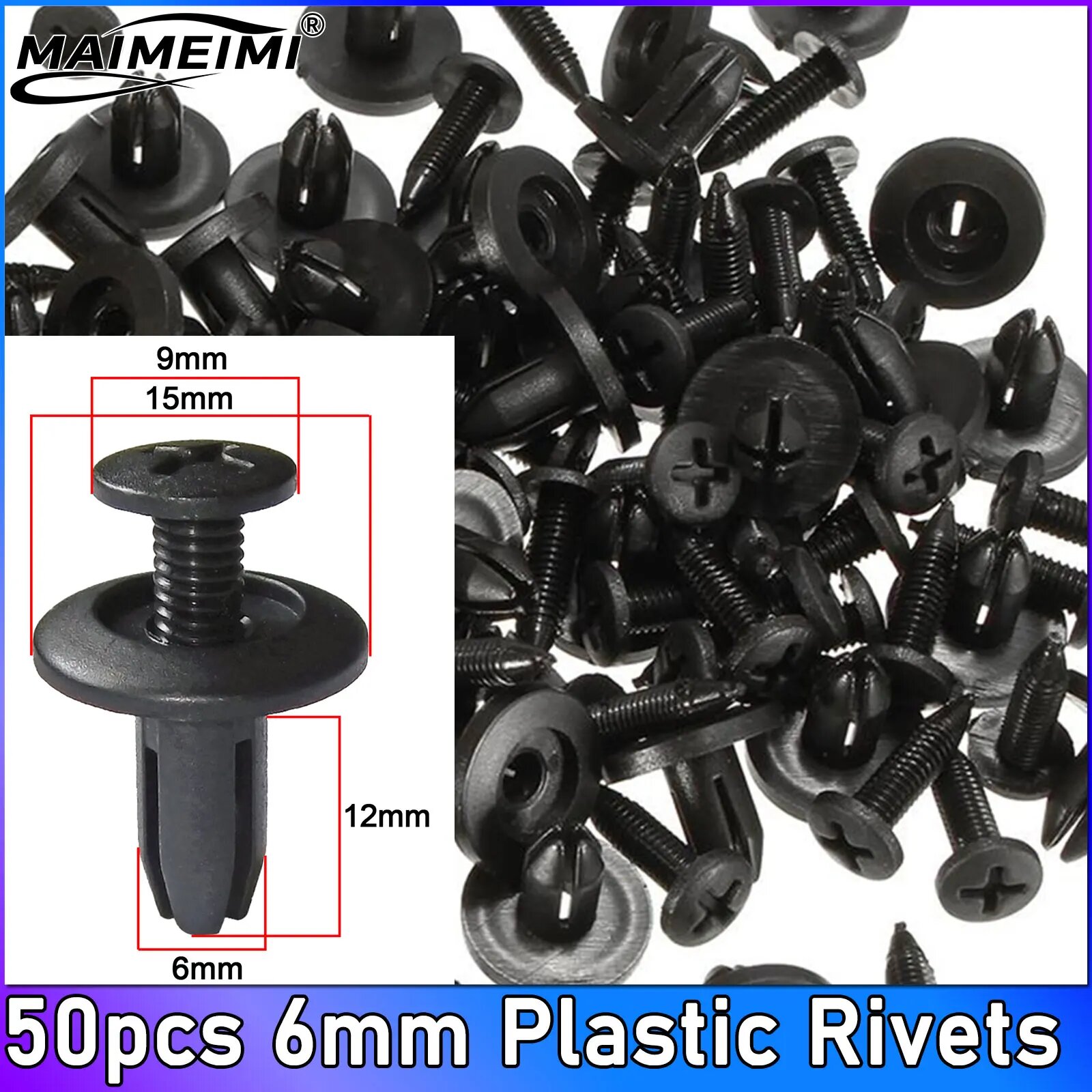 50 шт, 10 шт, 6 мм, пластиковые заклепки, крепежные детали, винт, автомобильный бампер, крыло, черные заклепки, автомобильные крепежные зажимы для Toyota, Nissan, Yamaha 50pcs 6mm
