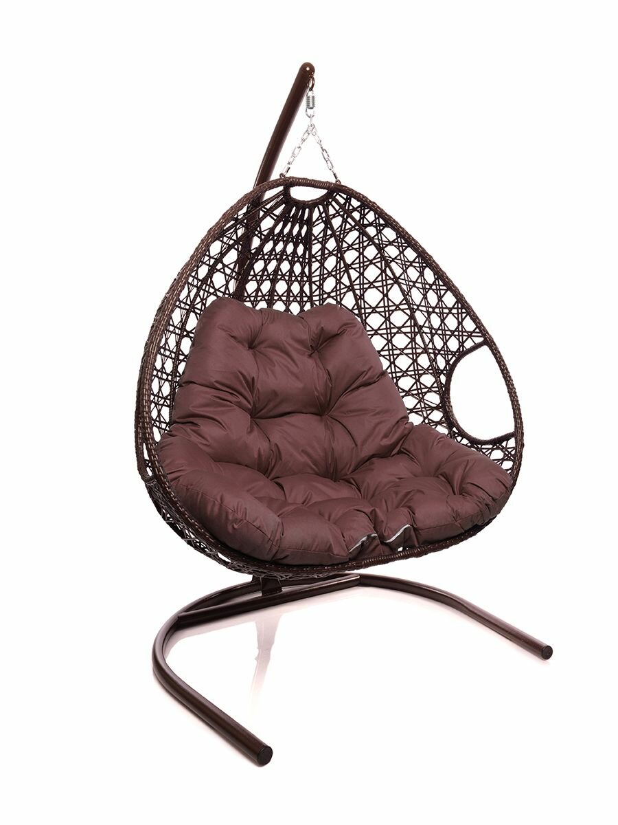 Подвесное кресло "Для двоих Люкс" коричневое с бордовой подушкой, плетение ромбик