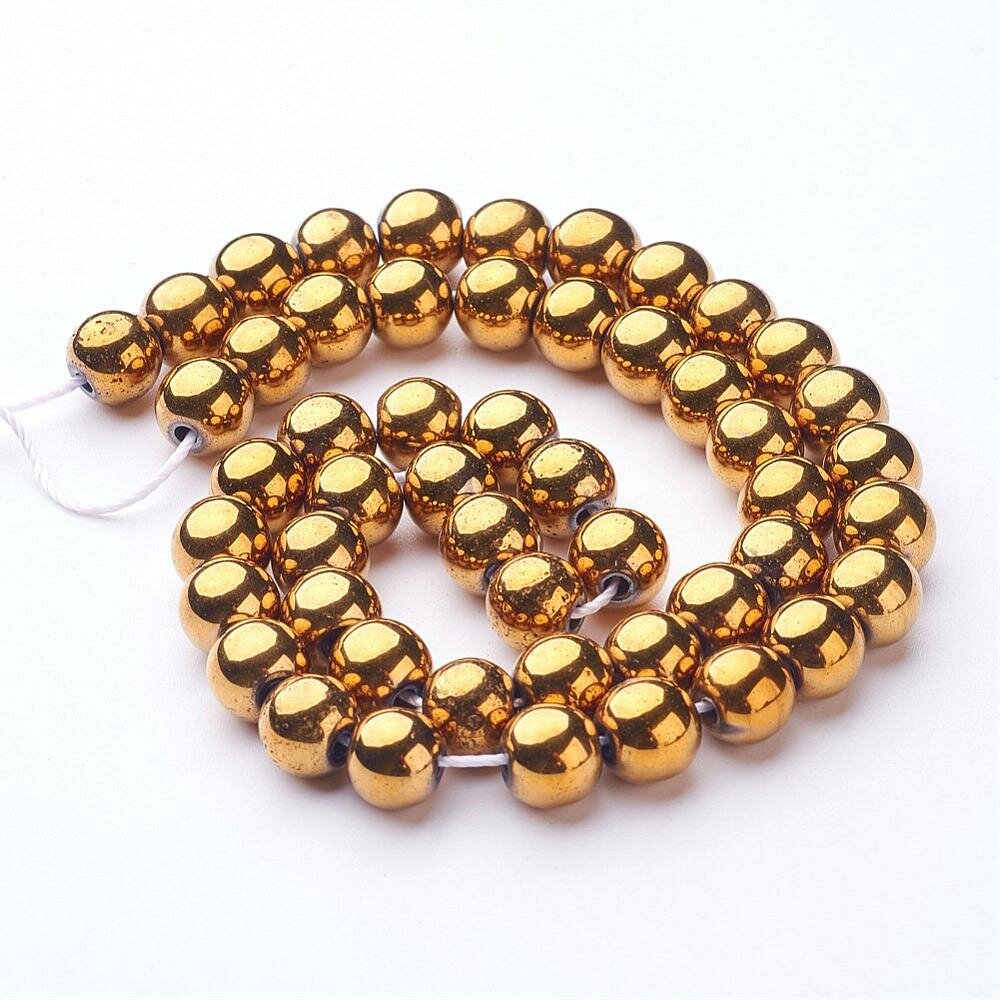 Бусины каменные, гематит, металлизированный, золотой, 8мм, 50 шт, низка