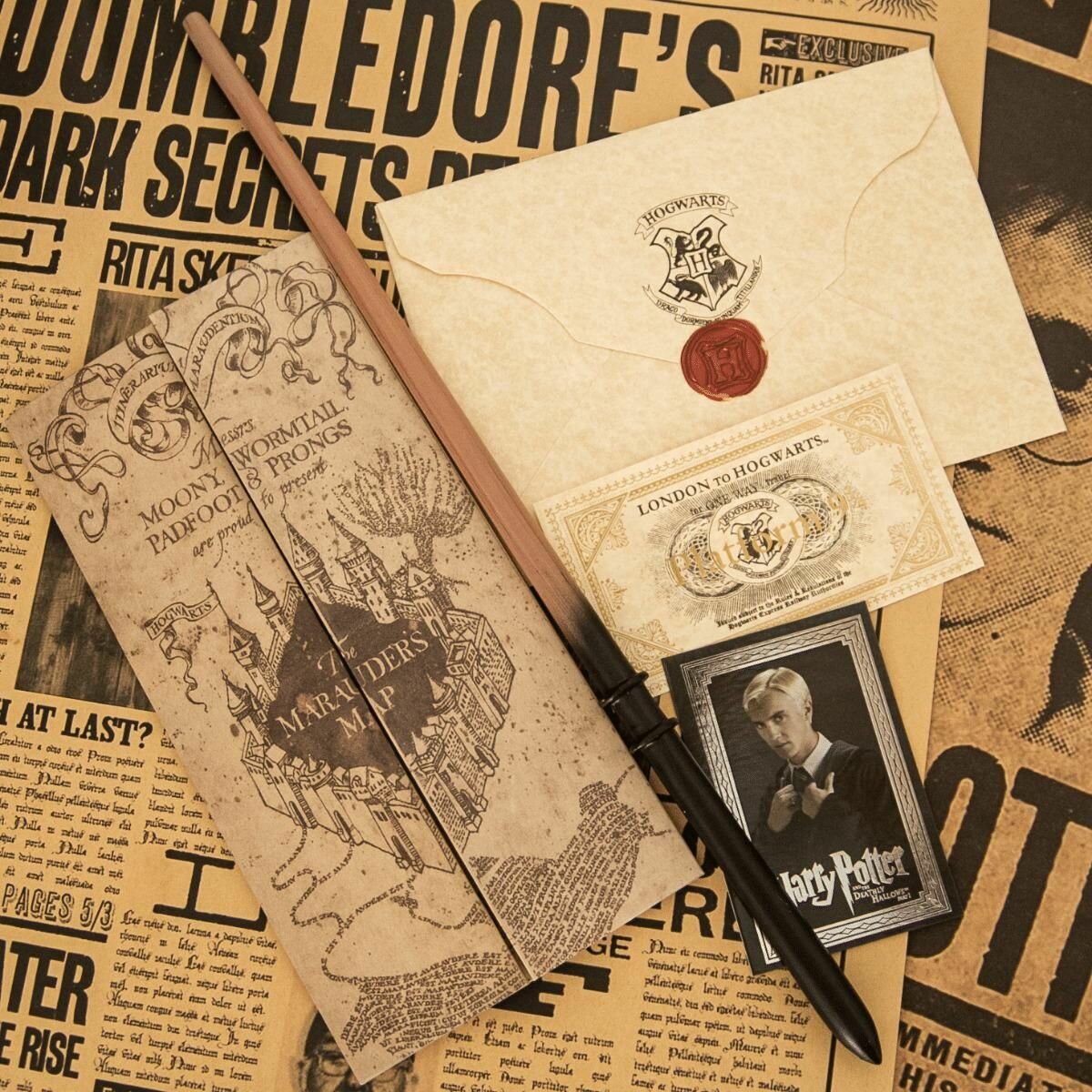 Набор Волшебная палочка Драко Малфоя + Письмо из Хогвартса + Карта Мародеров + Билет на платформу 9 и 3/4 (из фильма Гарри Поттер)