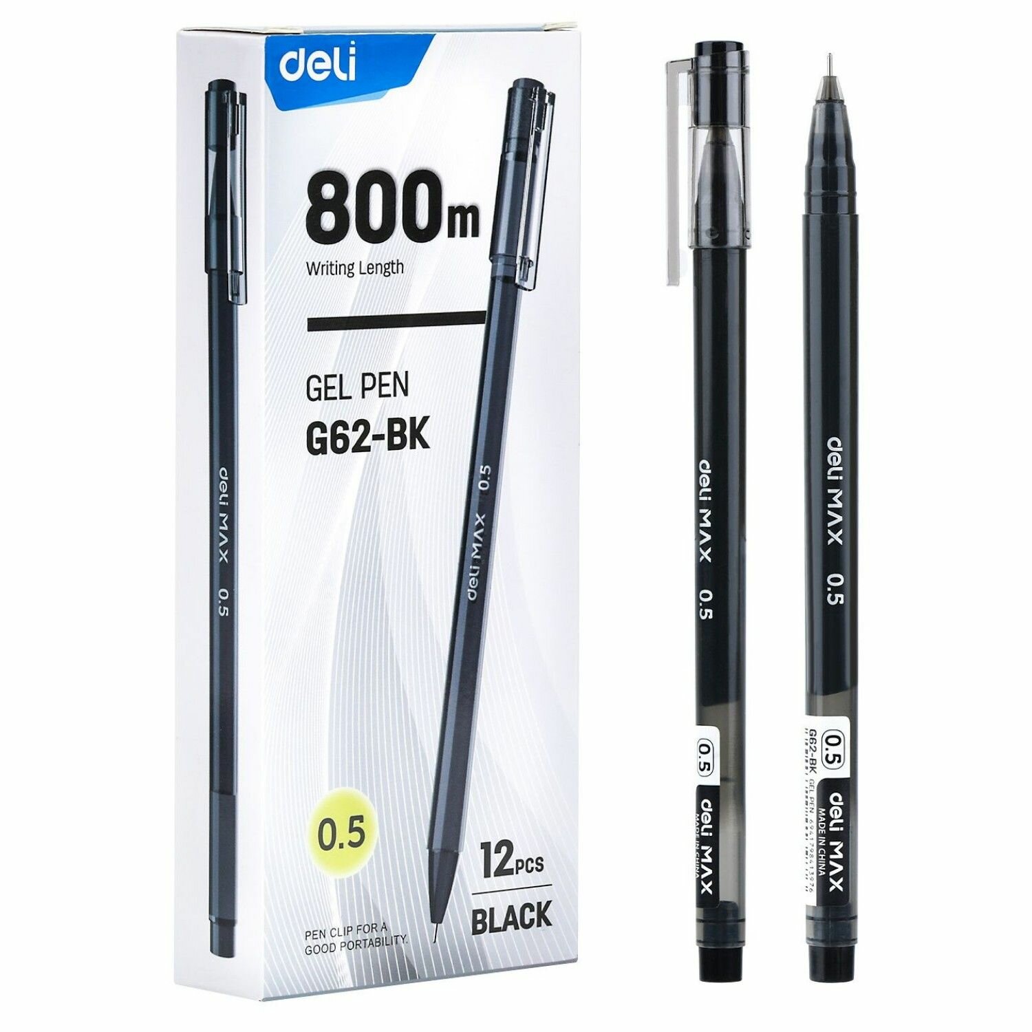 Ручка гелевая Deli MaX 0,5 мм черная, корп. черный. Комплект из 12 ручек