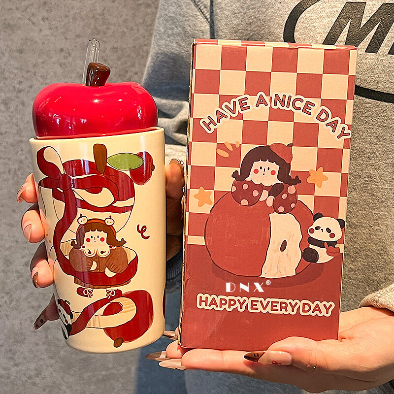 Керамическая кружка Apple Girl с крышкой для девушки, подарочная офисная кофейная чашка, милая чашка для воды с трубочкой
