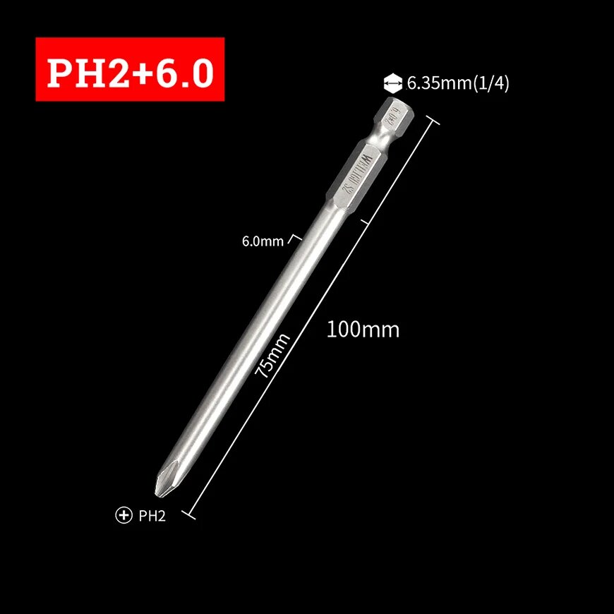 Магнитные крестовые биты для отвертки S2 1/4", PH0 PH1 PH2 100 мм 120 мм 100 x 6.0 x 75 x PH2