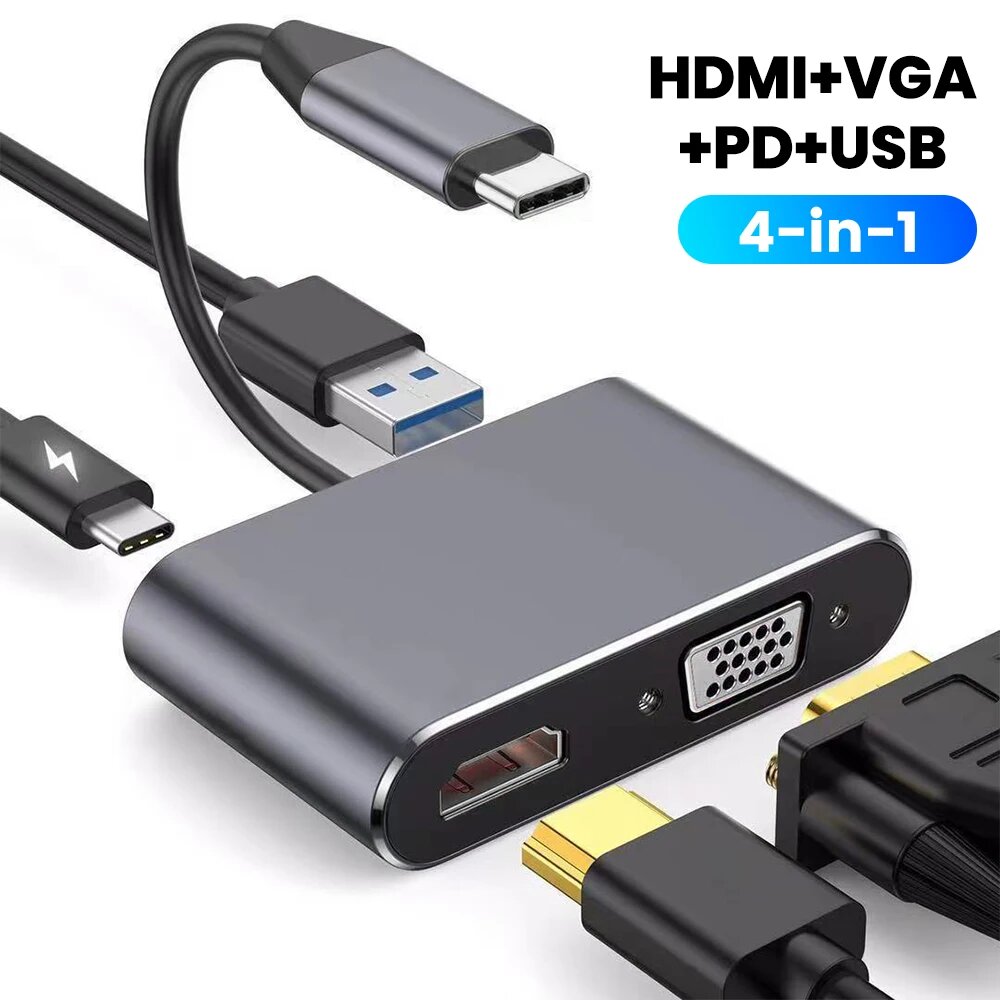 Док-станция Elough Type-c, игровая консоль HDMI VGA, USB-монитор, док-станция VGA, концентратор 4 в 1, 4K, высокое разрешение