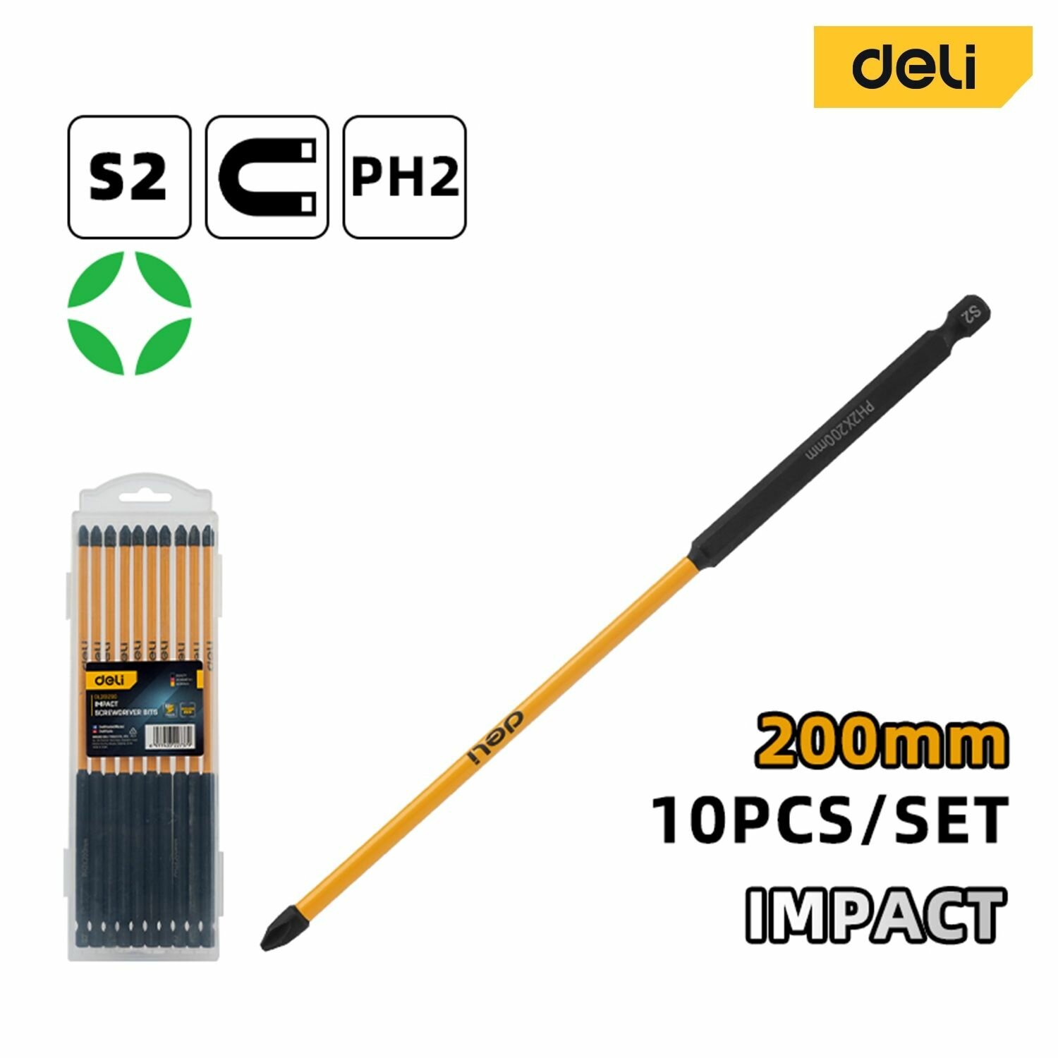 Набор торсионных бит PH2х200мм для ударных шуруповертов 10шт Deli DL251200 сталь S2, пласт. кейс