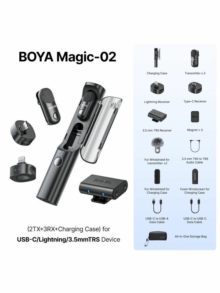 BOYA Magic-02 Трансформируемый Беспроводной Микрофон С Шумоподавлением AI На Лацкане