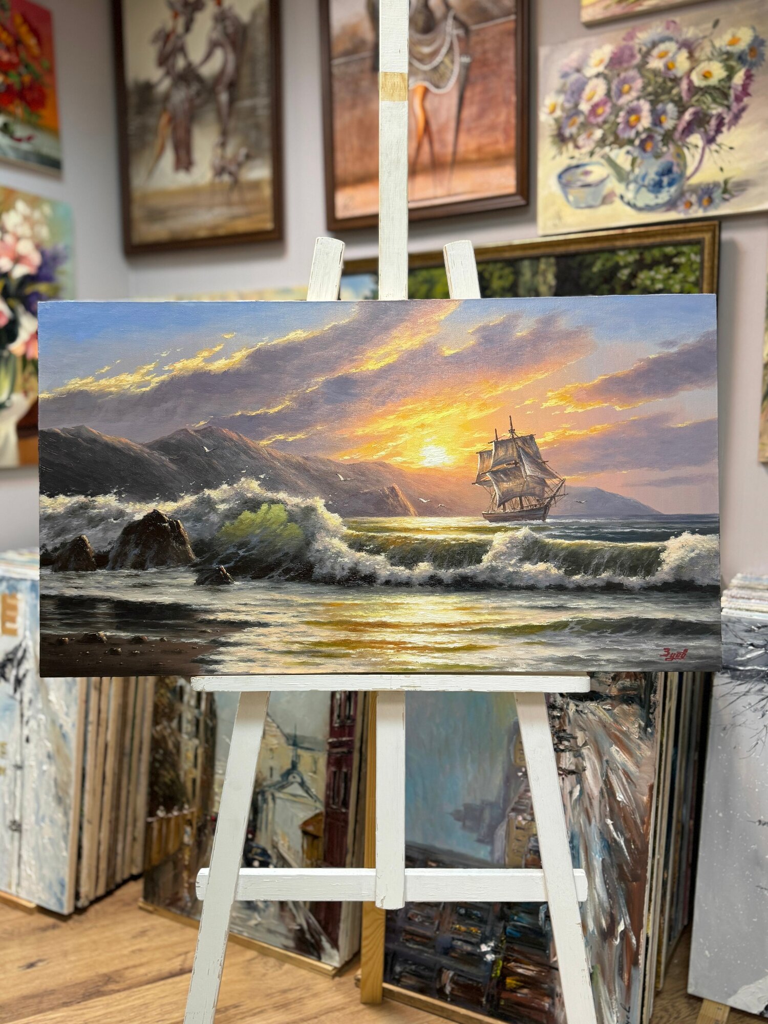 Картина маслом морской пейзаж, корабль, горы, восход солнца. 50х90 см. Художественная мастерская Грезы.