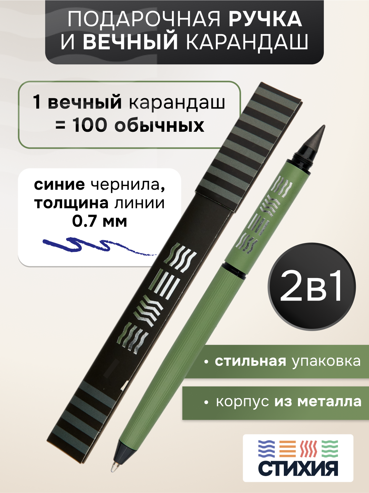 Подарочная ручка шариковая 0,7 мм и вечный карандаш простой стихия в металлическом корпусе