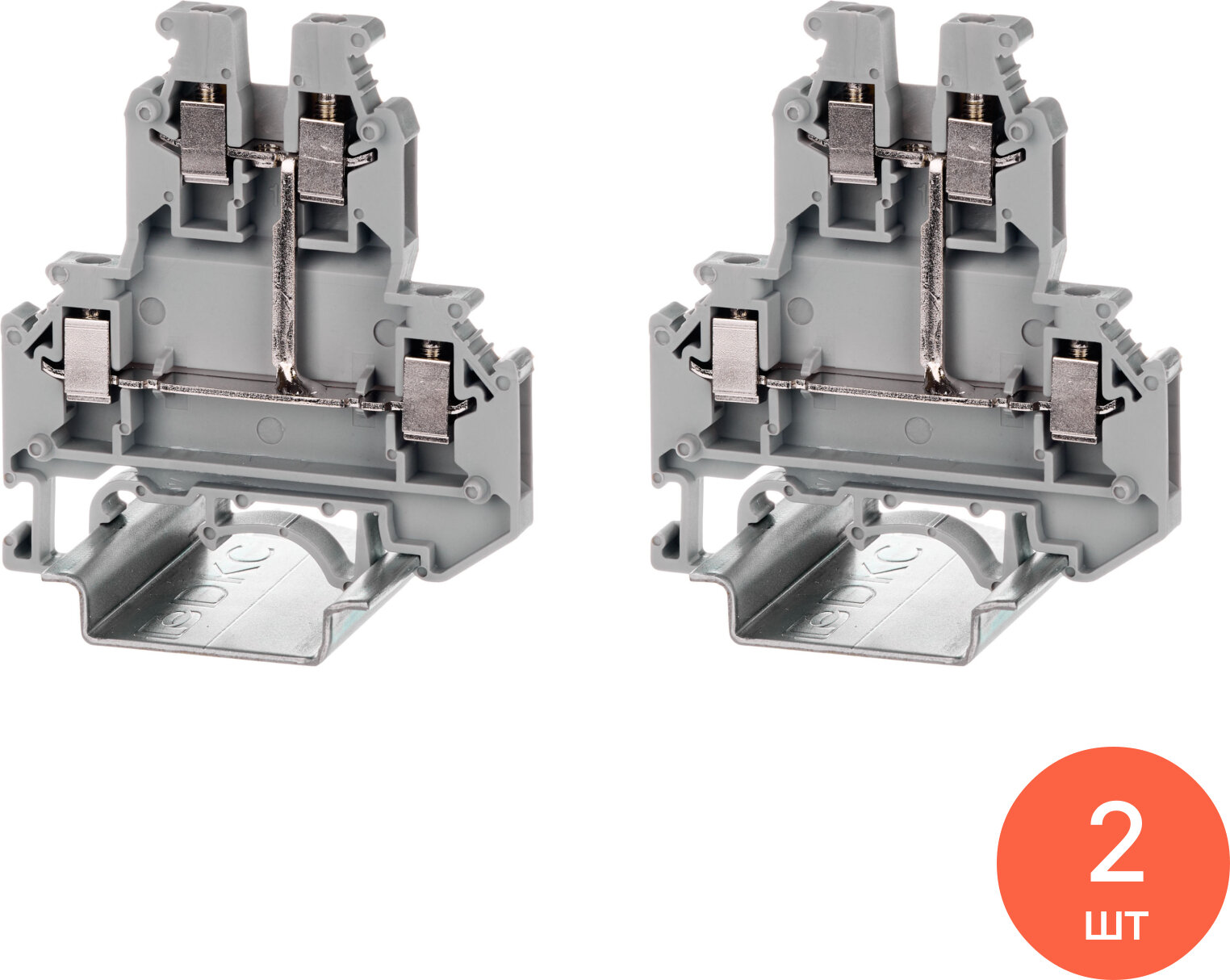 Клемма для проводов DKC / ДКС двухуровневая с винтовым зажимом, 4 точки подключения, уровни соединены перемычкой, корпус термопласт, 2.5мм. кв серый, 62х56х5.2мм, 1шт. / зажим (комплект из 2 шт)
