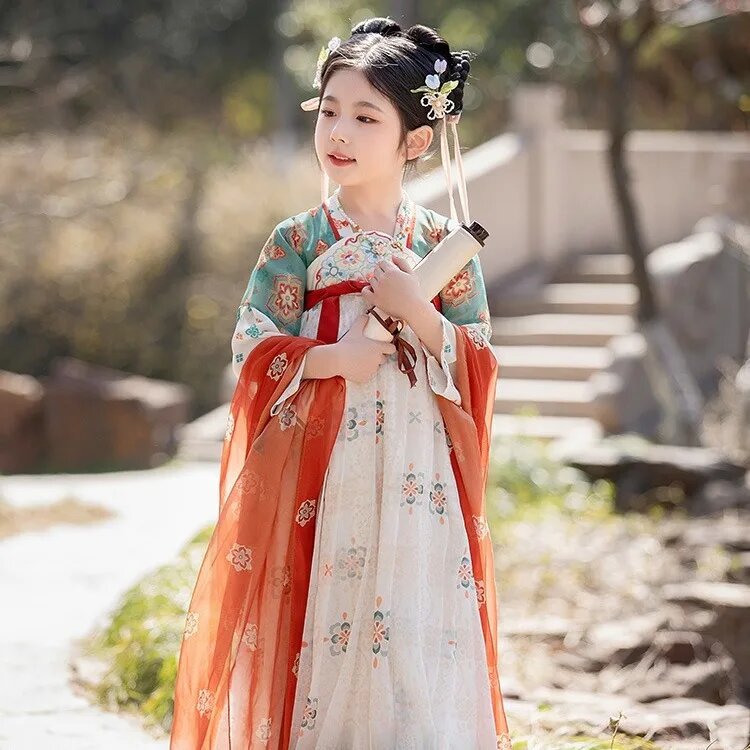 Ханьфу для девочек, хлопок, древний стиль 140cm, Зеленый, Green
